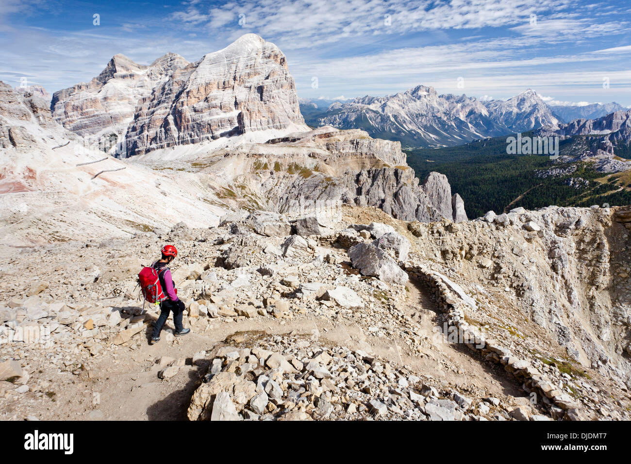 Mountain climber descending from Lagazuoi Mountain in the Fanes Group ...