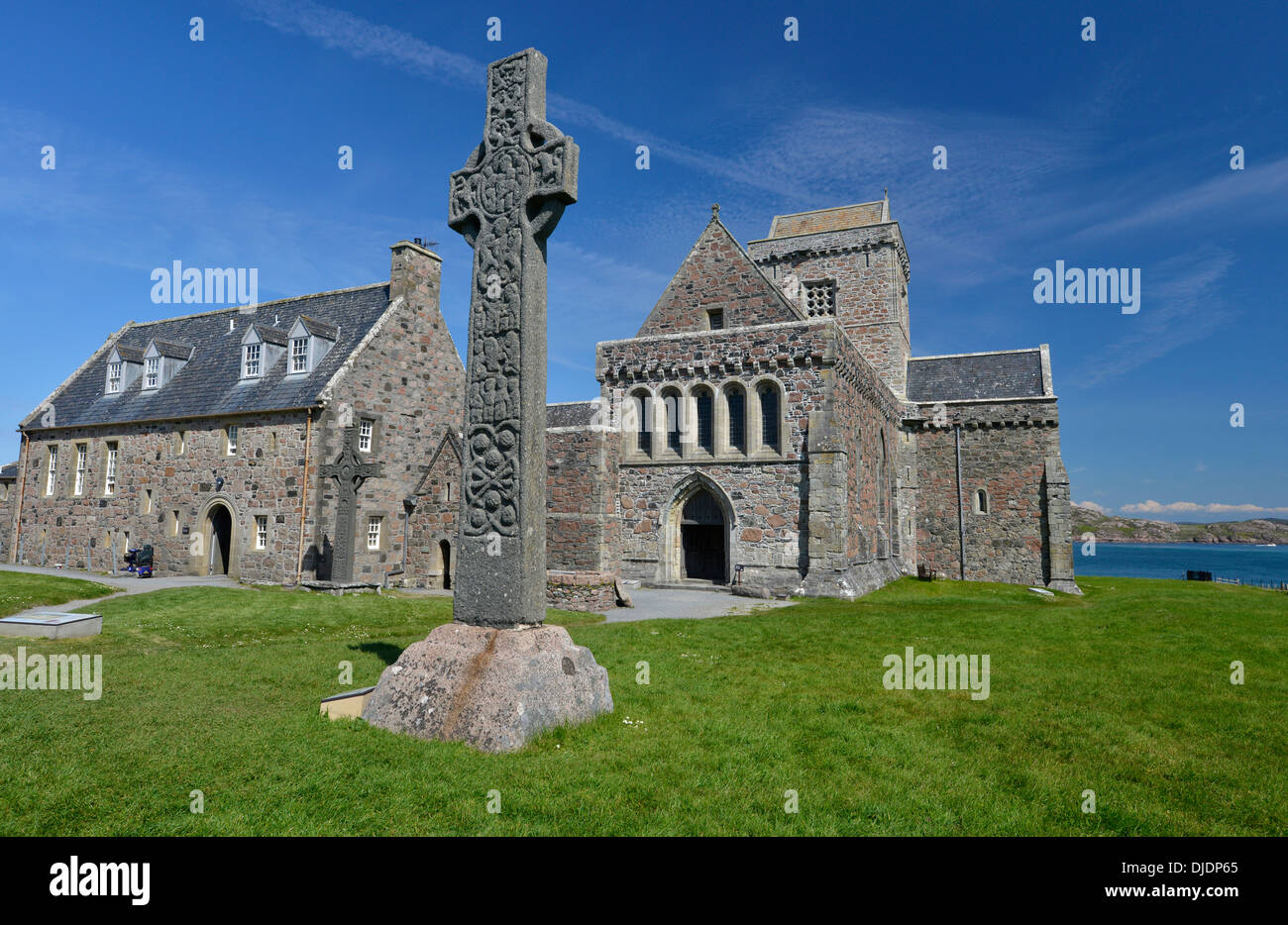 Stone cross, Celtic cross, at the Christian Iona Abbey, Iona pilgrimage ...