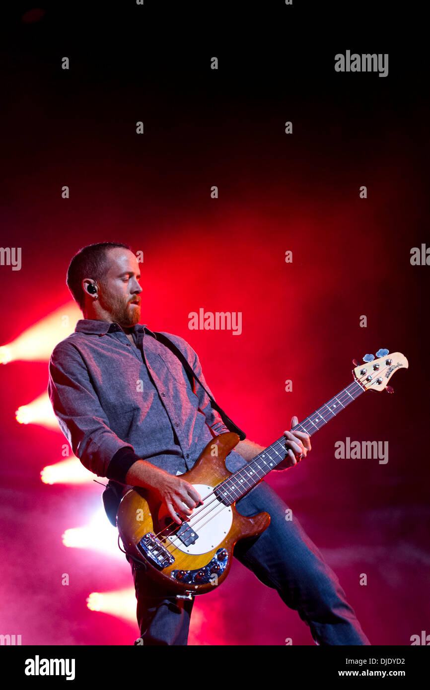 Dave Farrell of Linkin Park performing live on stage at the Pepsi Arena ...