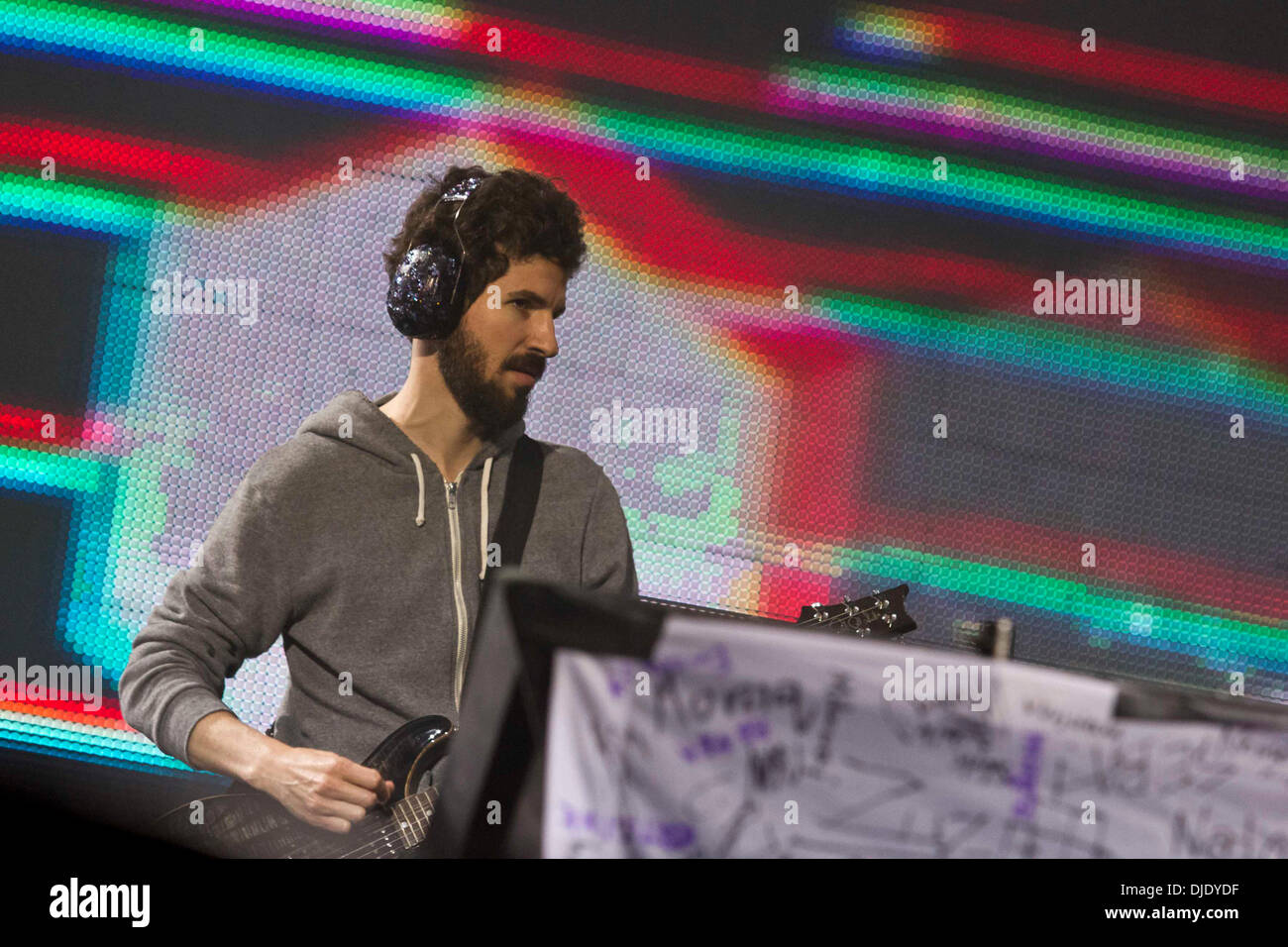 Brad Delson of Linkin Park performing live on stage at the Pepsi Arena ...