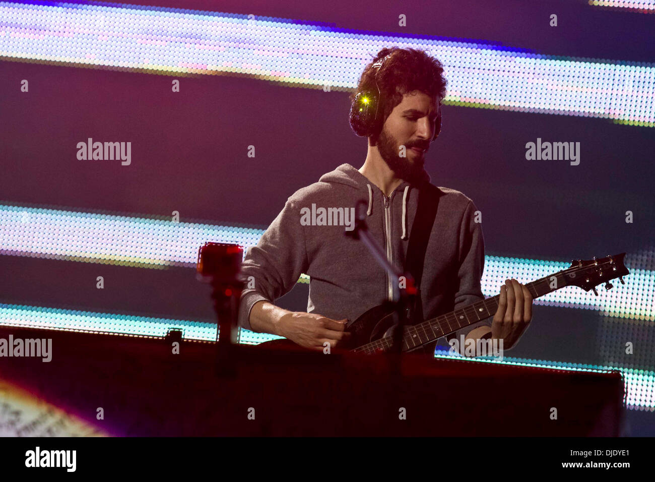Brad Delson of Linkin Park performing live on stage at the Pepsi Arena ...