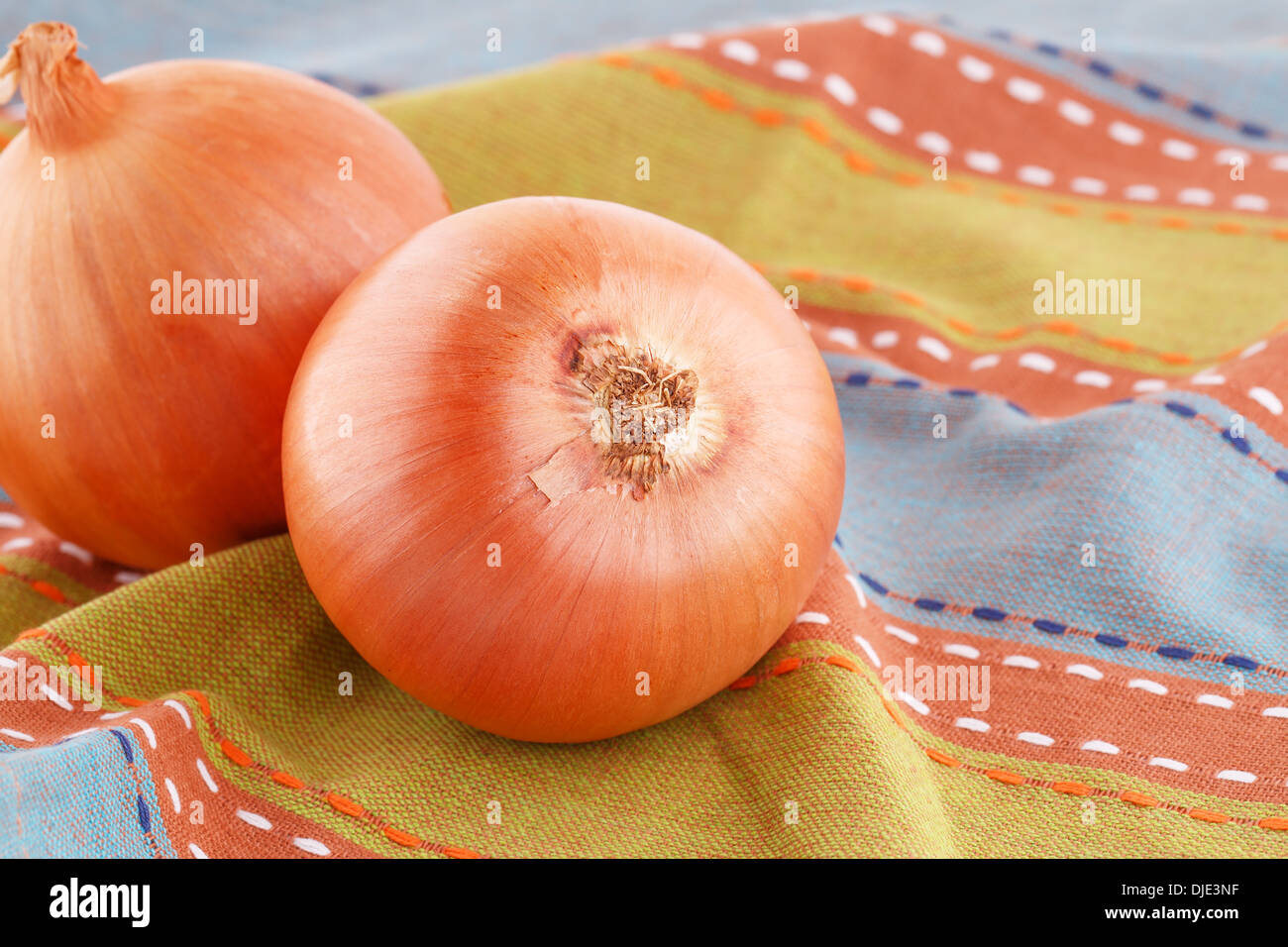 Two onions on colorful towel Stock Photo - Alamy
