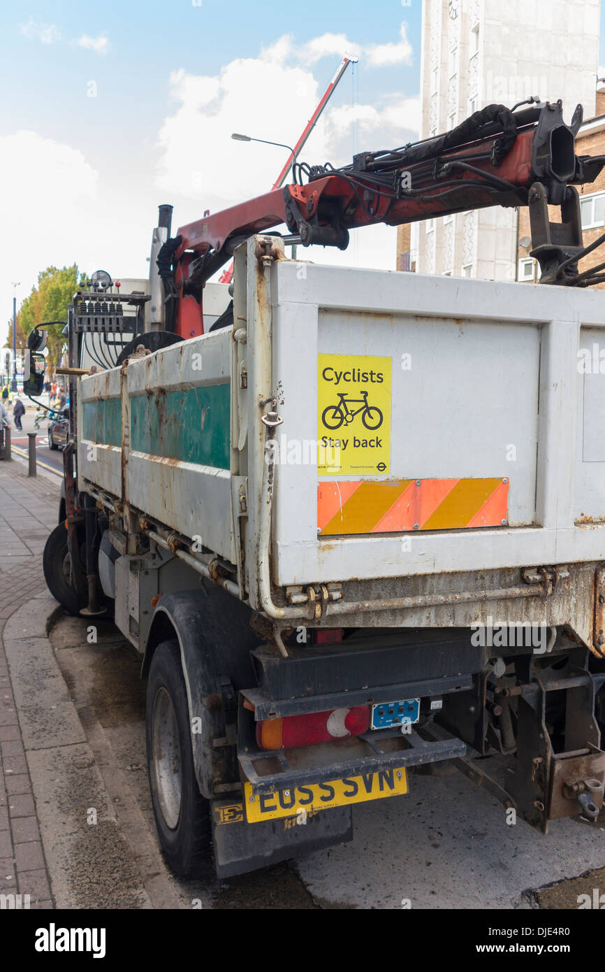 Sign on a large lorry warning cyclists to stay back, UK Stock Photo - Alamy