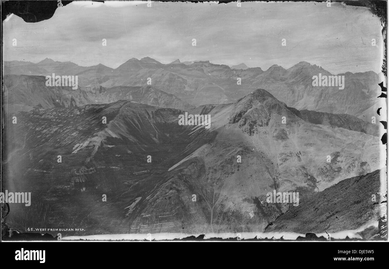 This image depicts a scenic view westward from Sultan Mountain, located ...