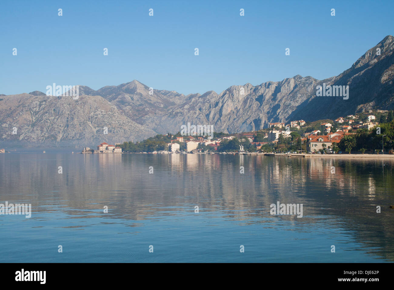 Montenegro, Adriatic coast, Kotor Bay, Kotor Stari Grad reflected in ...