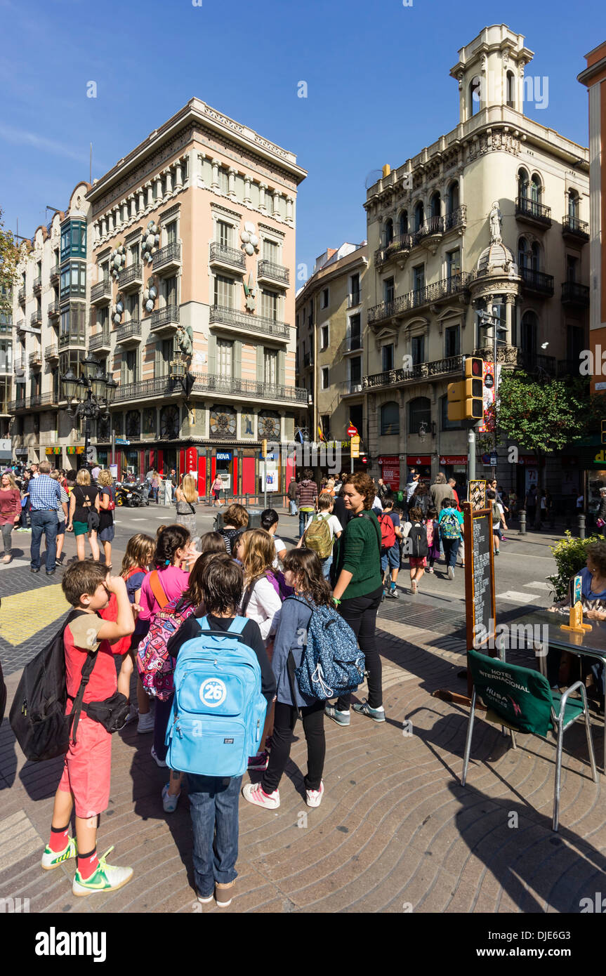 The Ramblas, school class, Modernisme buildings, Barcelona, Spain Stock ...