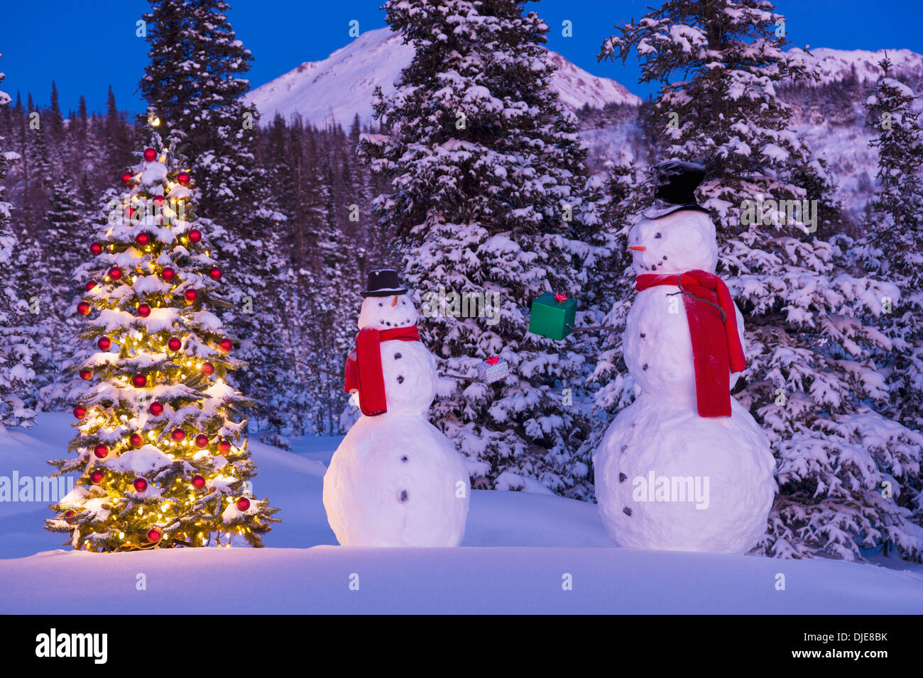 Two Snowmen Exchanging Gifts Standing Next To A Christmas Tree In Front ...