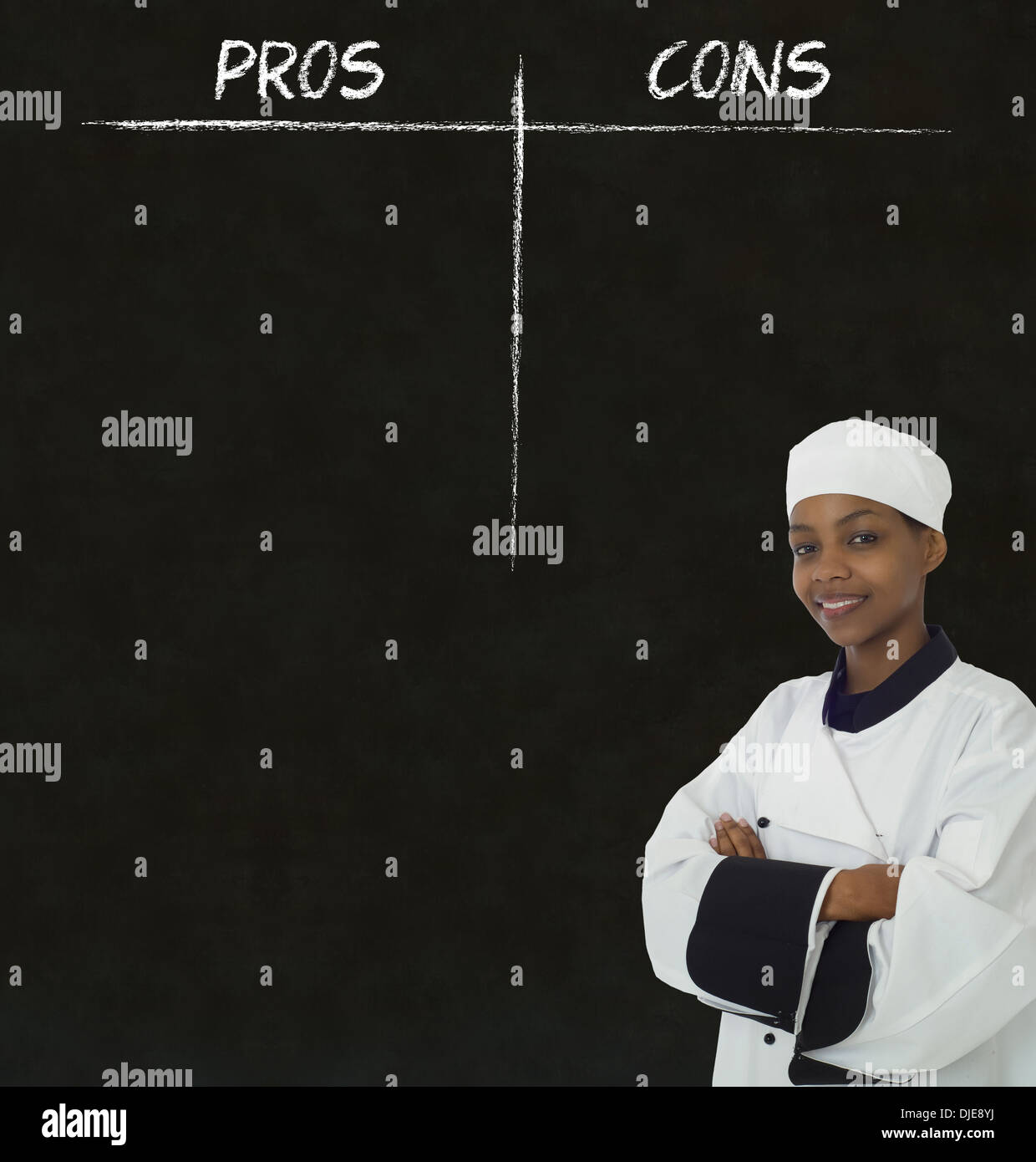 african american woman chef with chalk pros and cons on blackboard ...