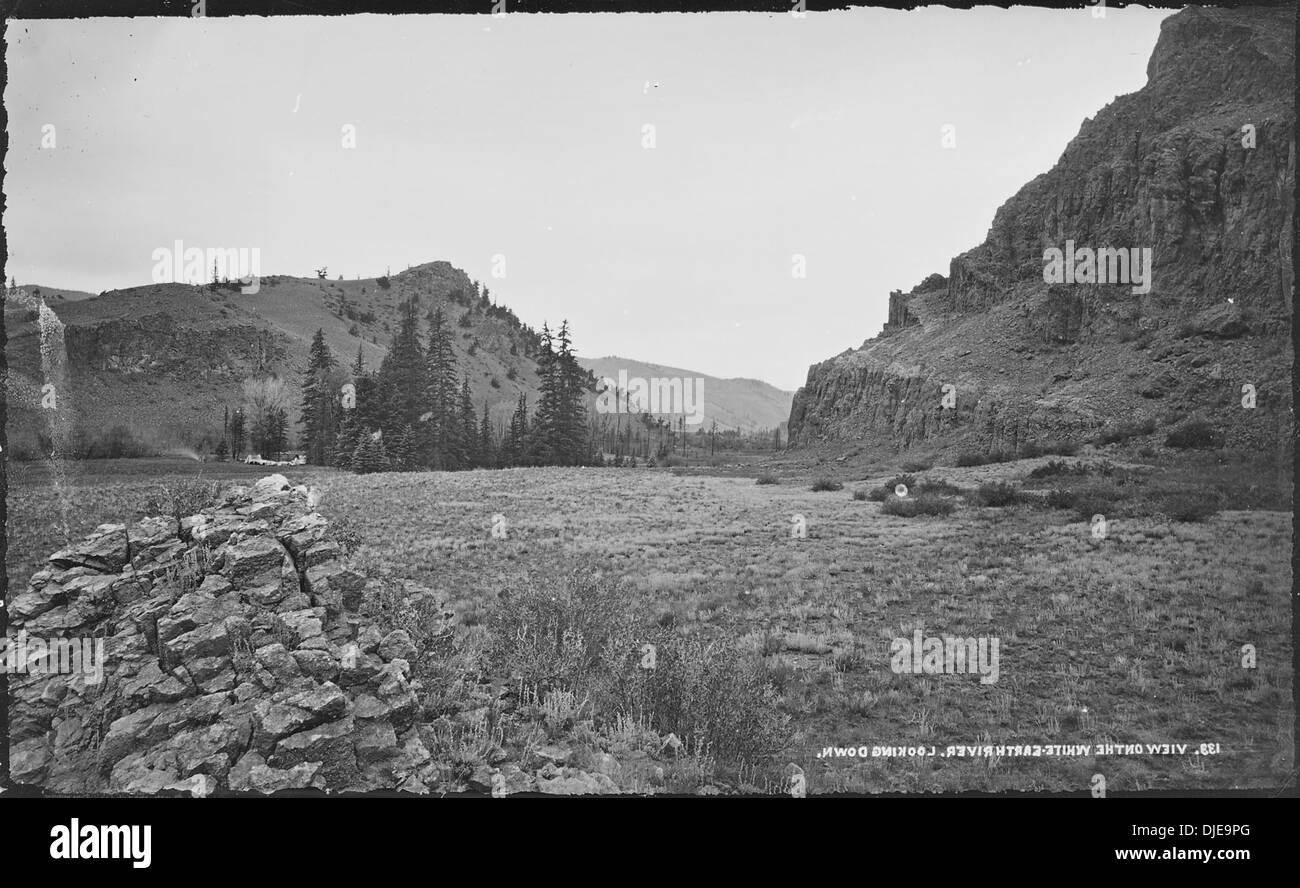 A photograph showing a downward view of the White Earth River in ...