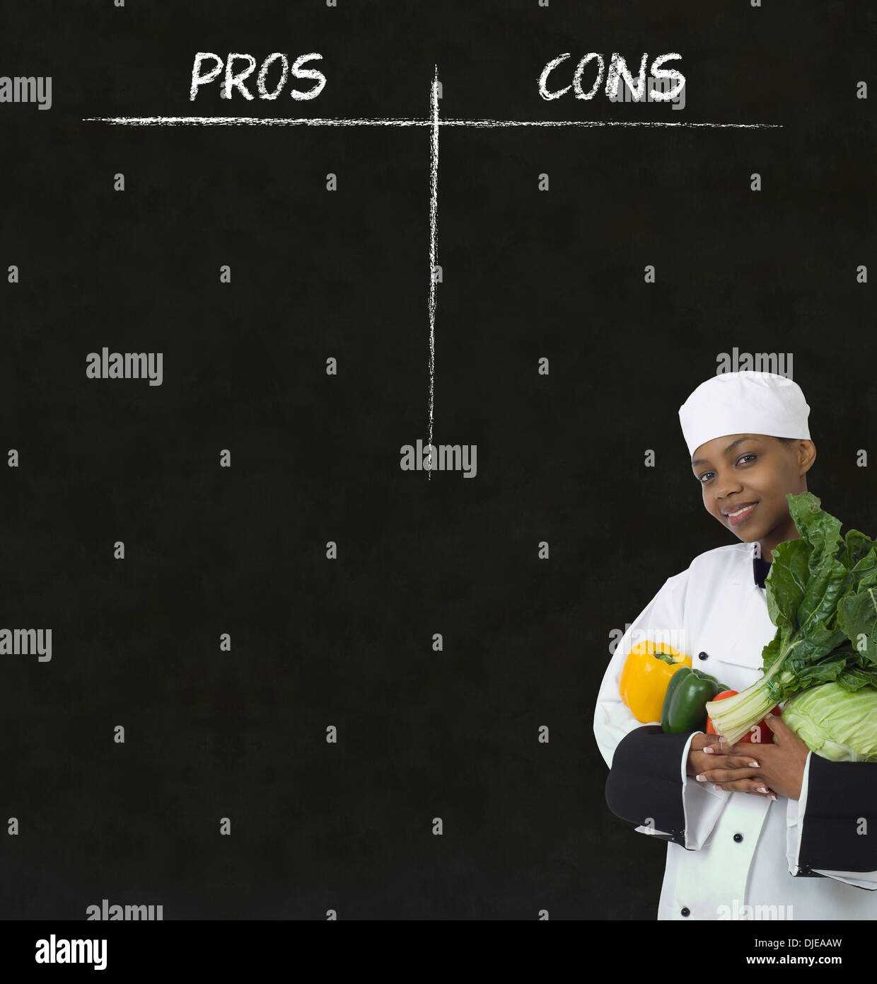 african american woman chef with chalk pros and cons on blackboard ...