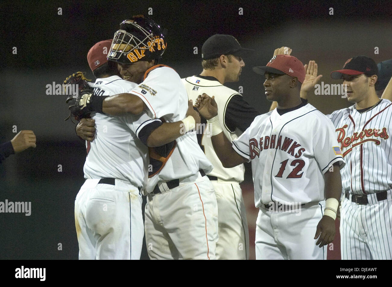 Jul 13, 2004; Sacramento, CA, USA; Catcher Yamad Haad embaces Gerald ...