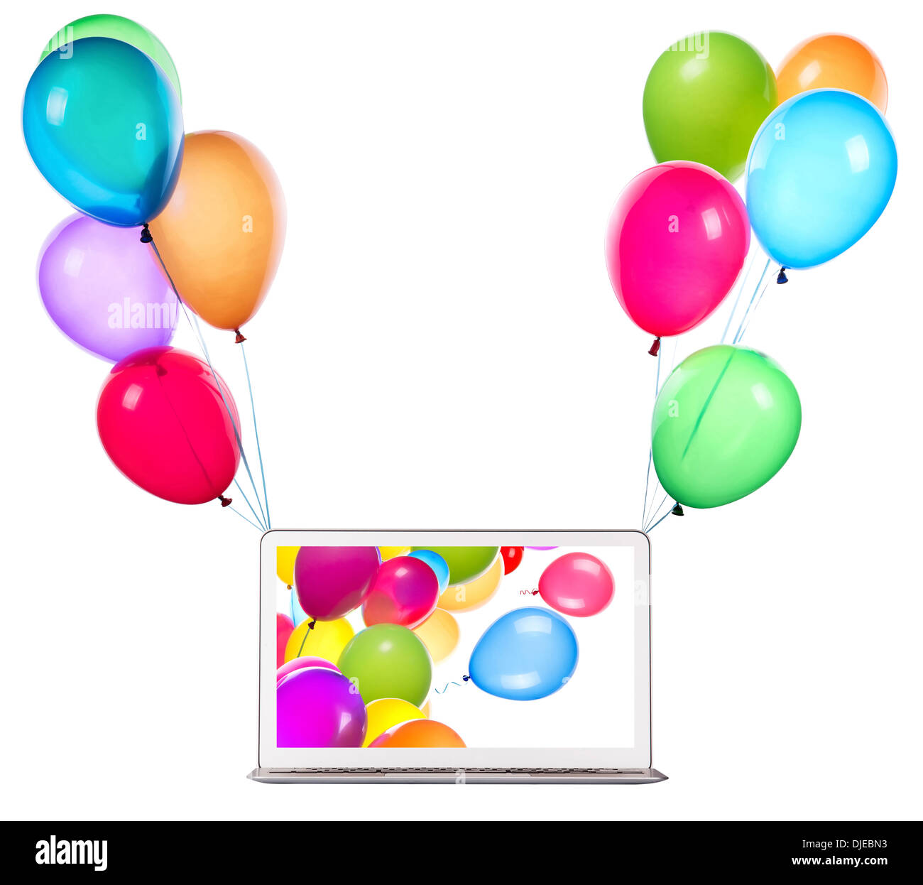 laptop computer with empty screen hanging on color balloons rising high ...