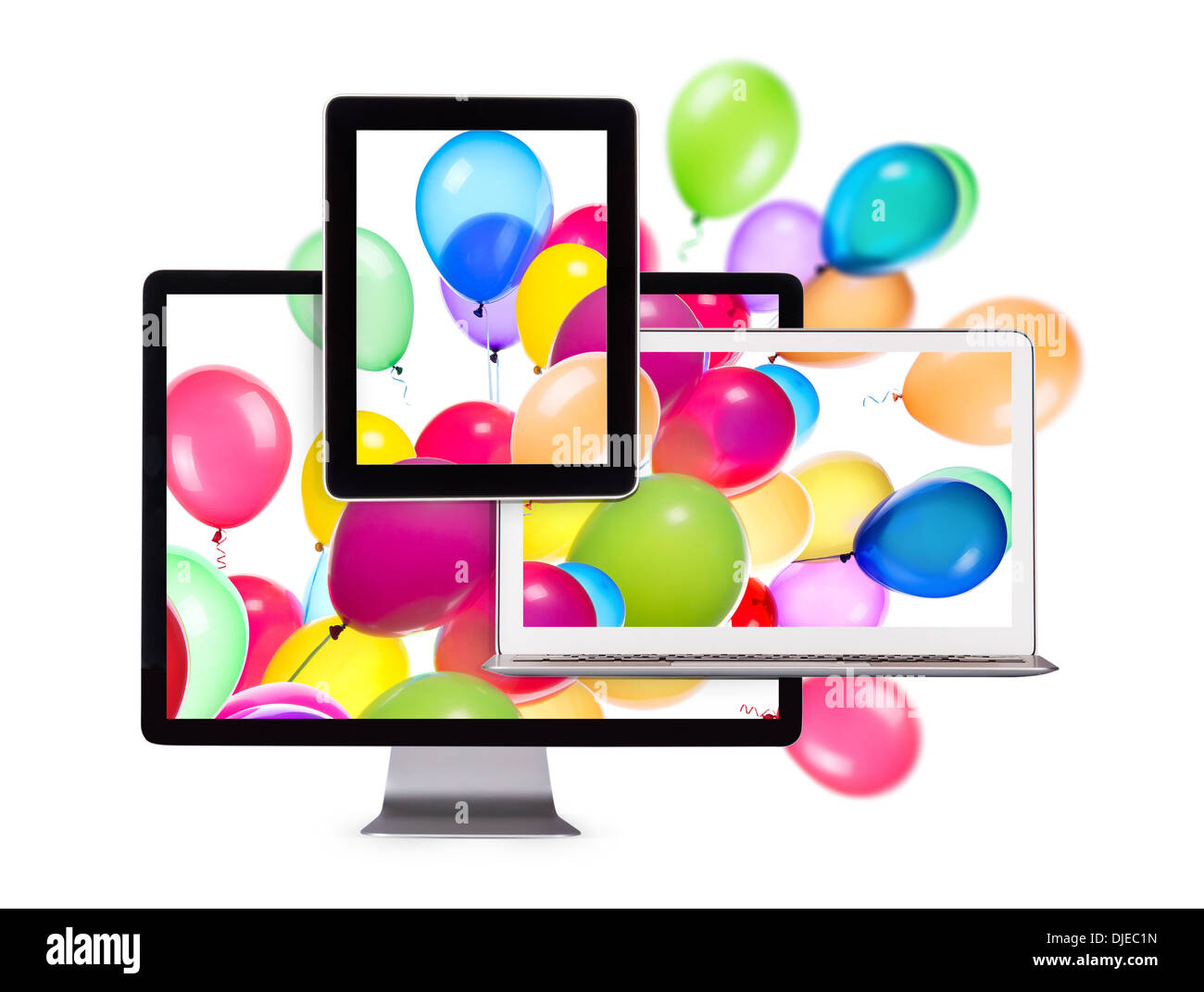 Birthday balloons on laptop screen Cut Out Stock Images & Pictures - Alamy