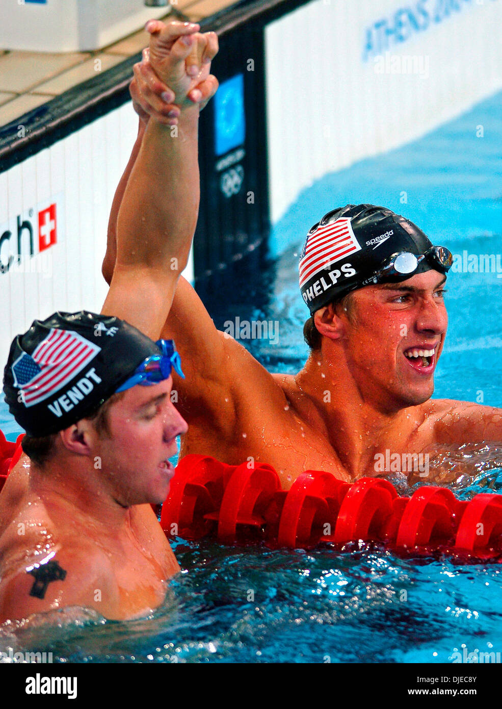 Aug 14, 2004; Athens, GREECE; U.S. swimmer Michael Phelps reacts to ...