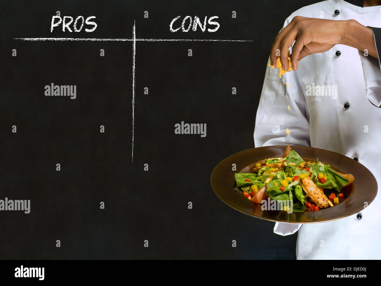african american woman chef with chalk pros and cons on blackboard ...