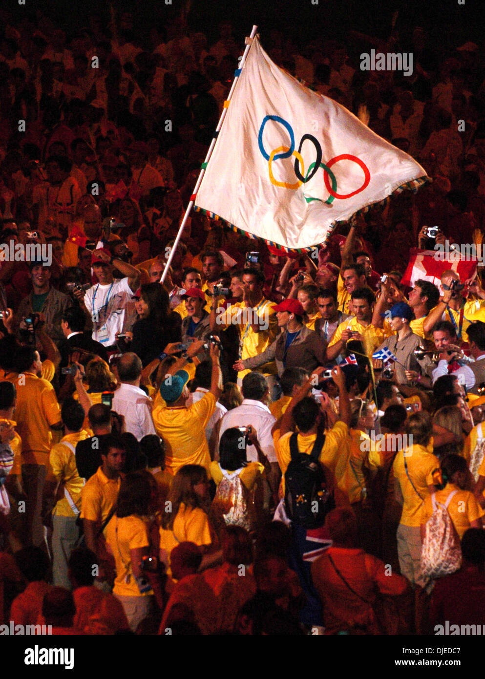 Aug 29, 2004; Athen, GREECE; The Olympic flag is carried Sunday Aug. 29 ...