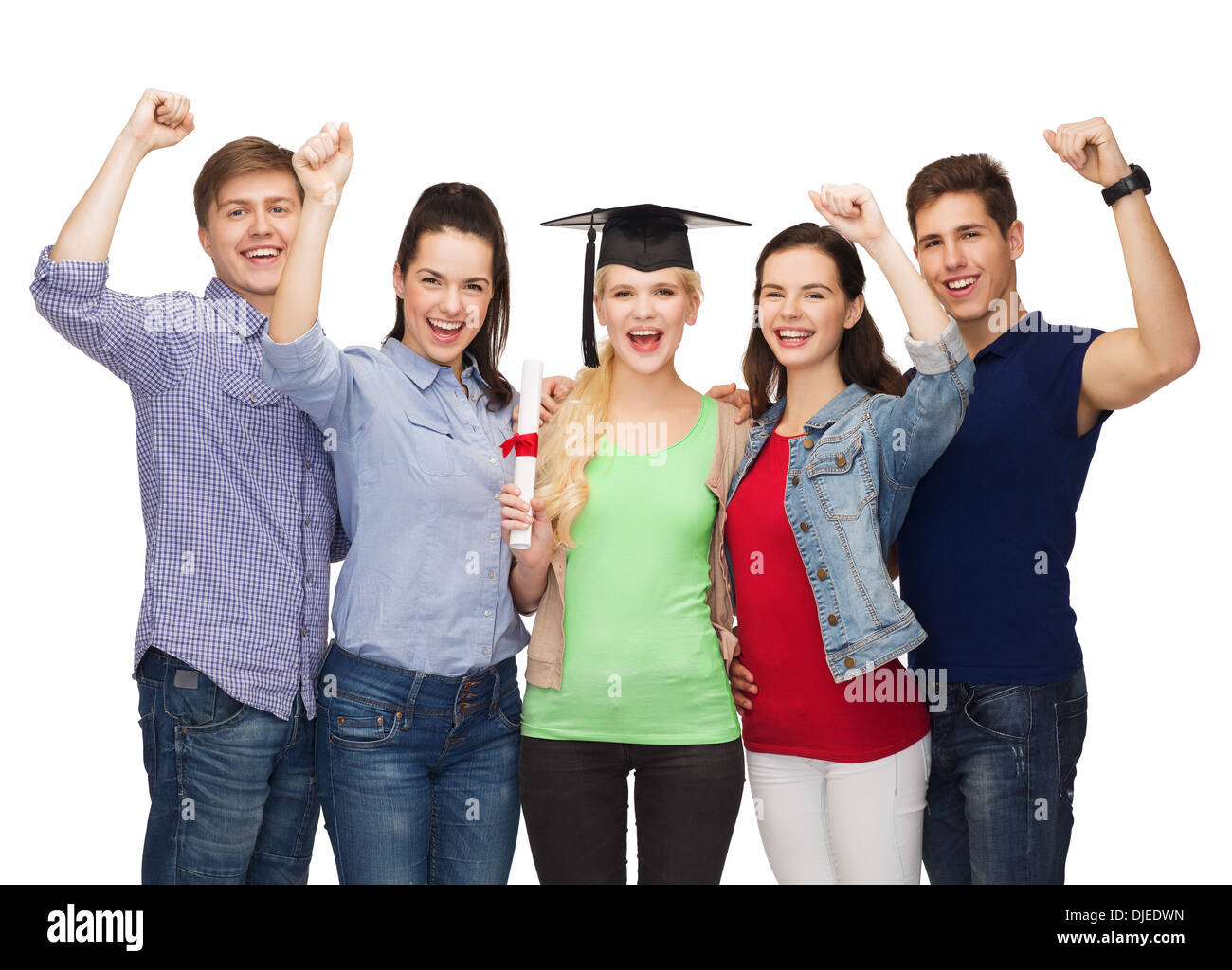 group of standing smiling students with diploma Stock Photo - Alamy