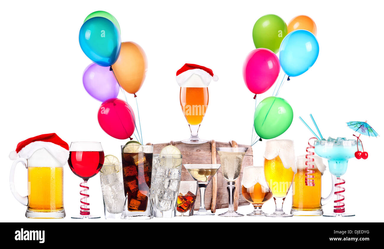 alcohol drinks set with lot of air balloons - beer, wine, champagne ...