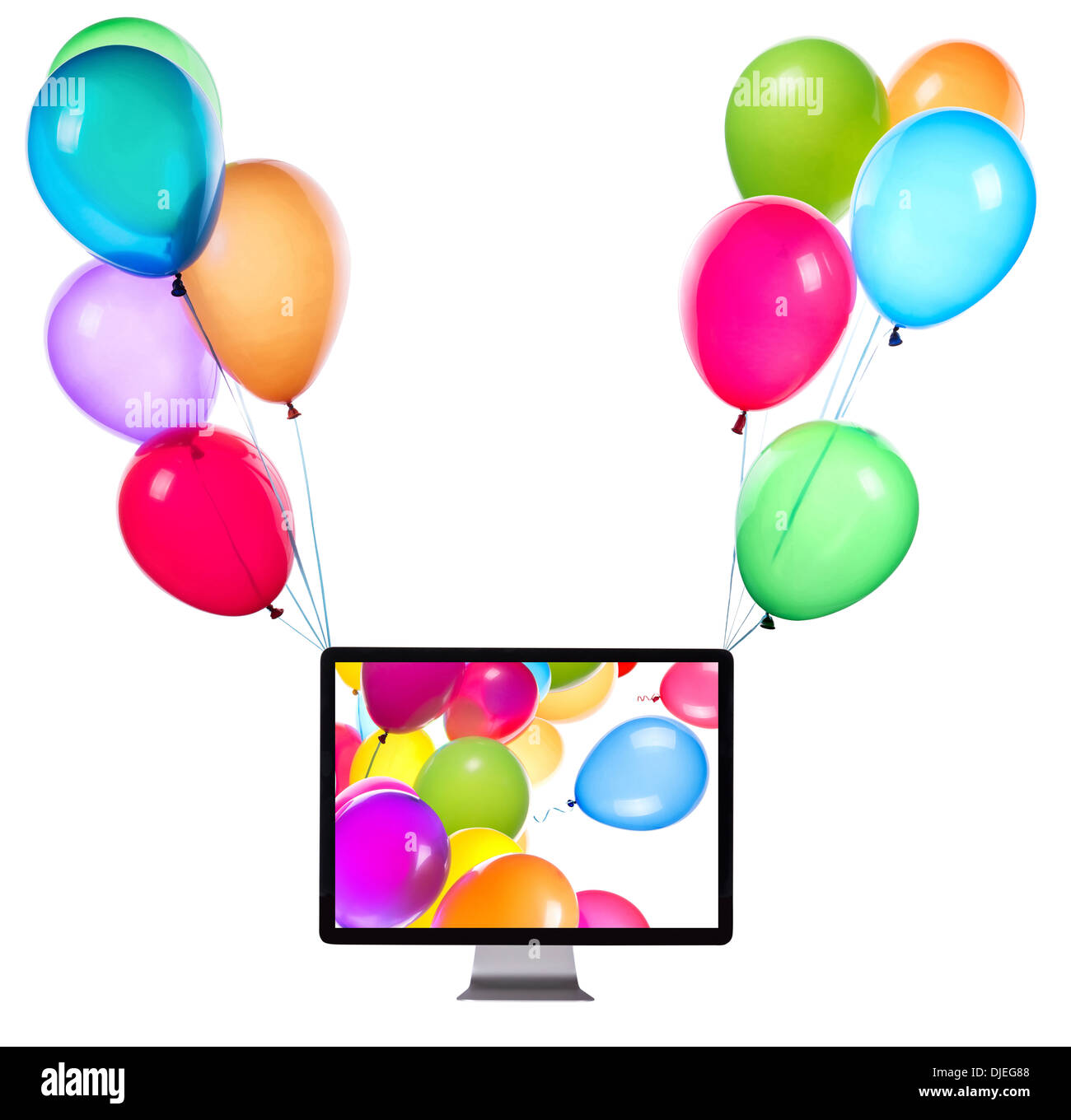 computer with empty screen hanging on color balloons rising high Stock ...