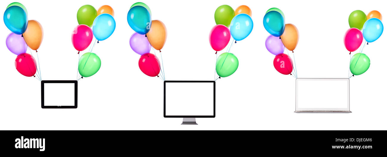 tablet computer with empty touch screen hanging on color balloons ...