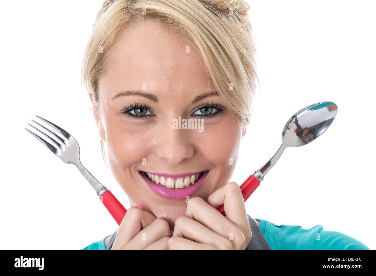 Woman knife fork smiling hi-res stock photography and images - Alamy