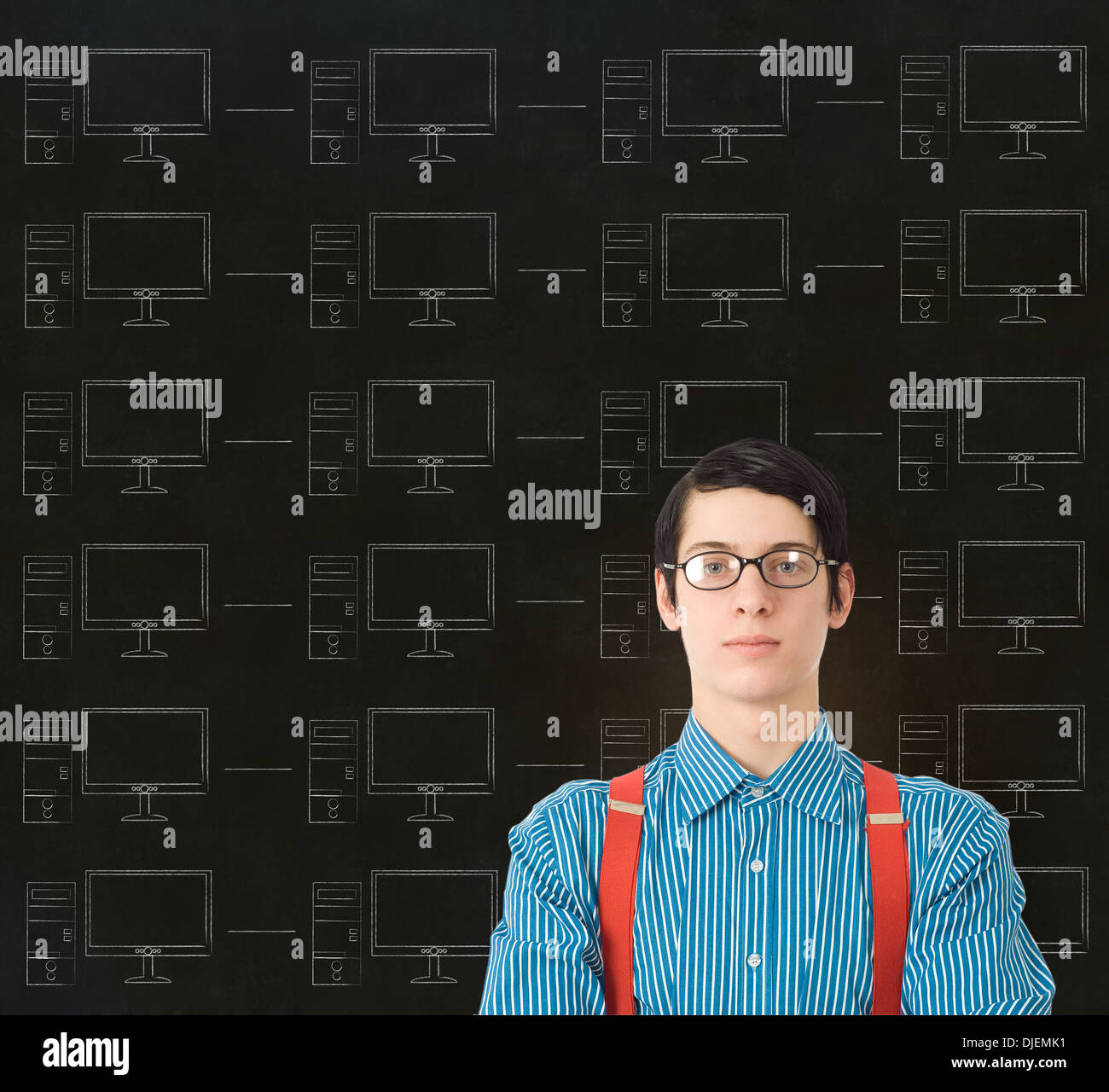 Nerd geek businessman, student or teacher with chalk computer network ...