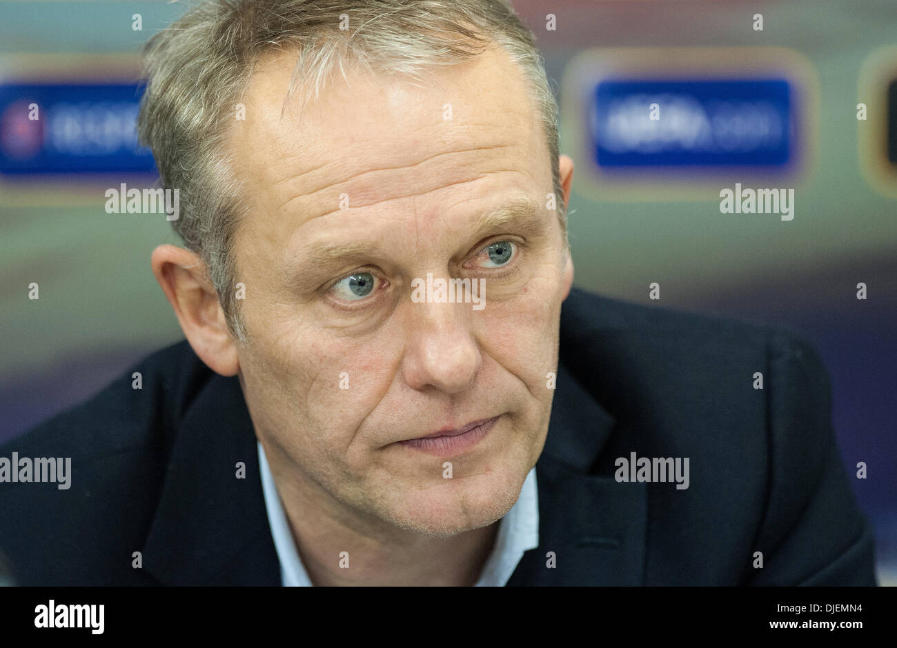 Christian Streich, SC Freiburg coach pictured during press coneference ...