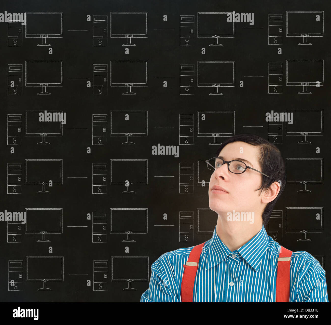 Nerd geek businessman, student or teacher with chalk computer network ...