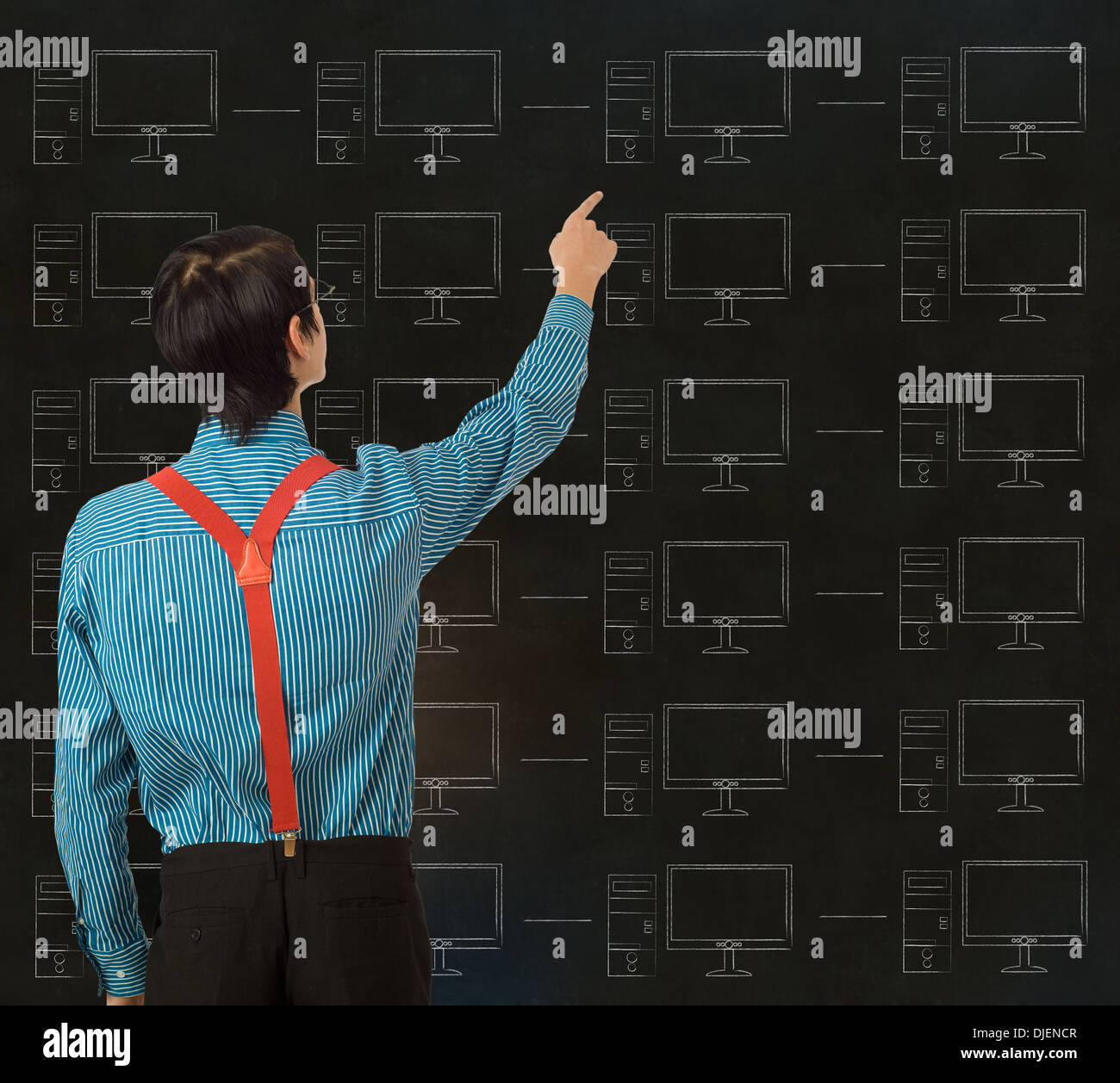 Nerd geek businessman, student or teacher with chalk computer network ...