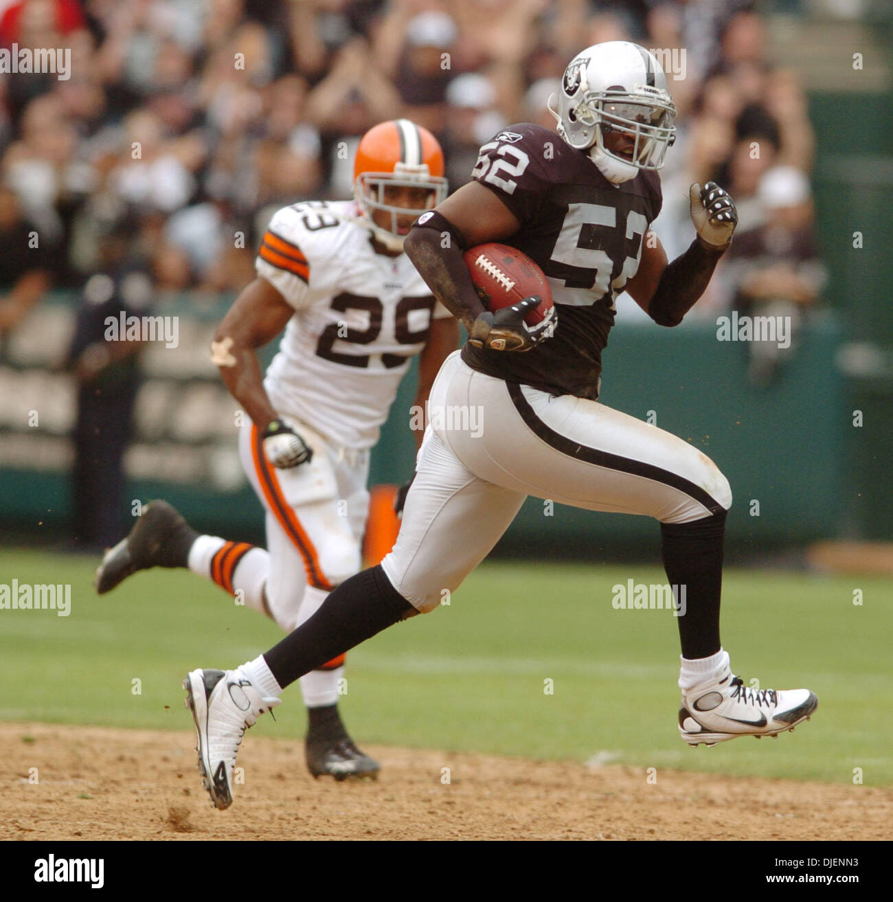 Oakland Raiders Kirk Morrison makes the interception in the 2nd quarter ...