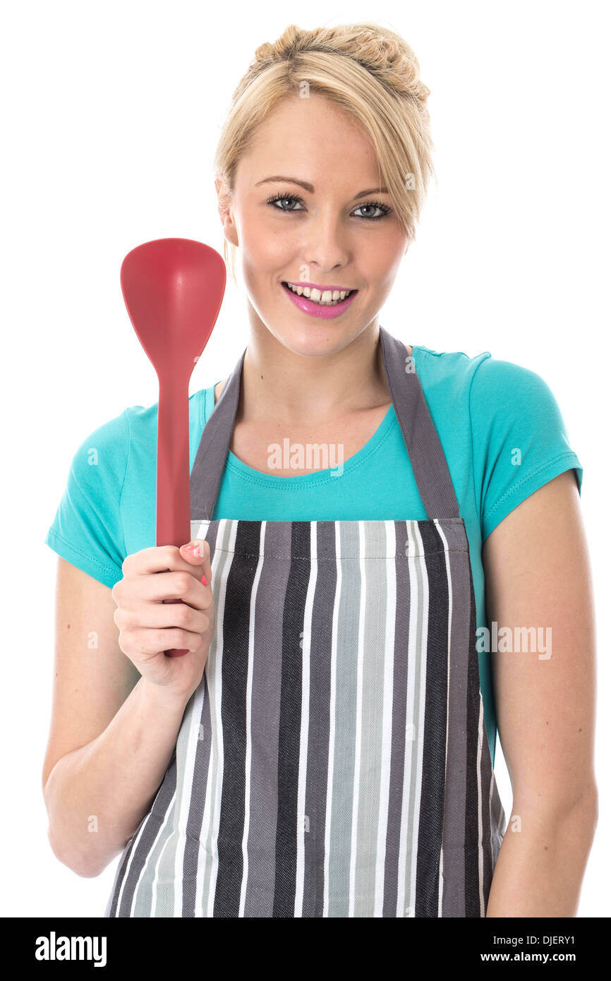 Model Released. Attractive Young Woman Holding Plastic Serving Spoons ...