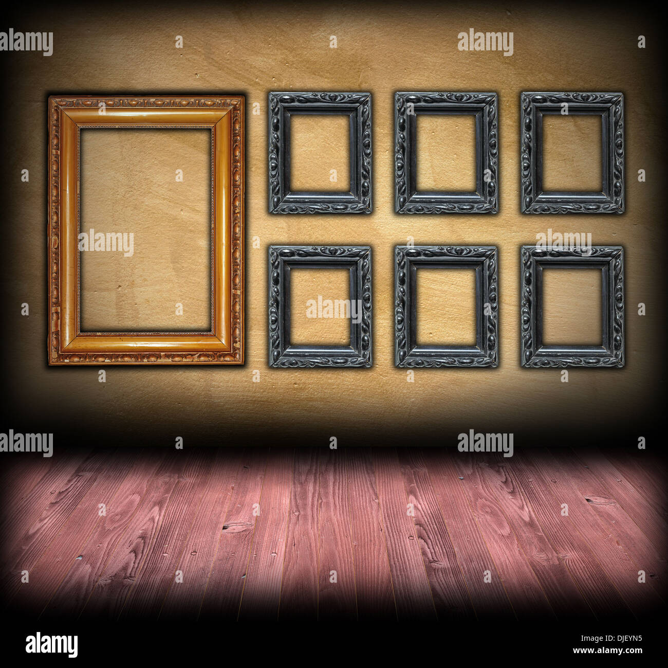 art backdrop wooden frames on cement wall Stock Photo - Alamy