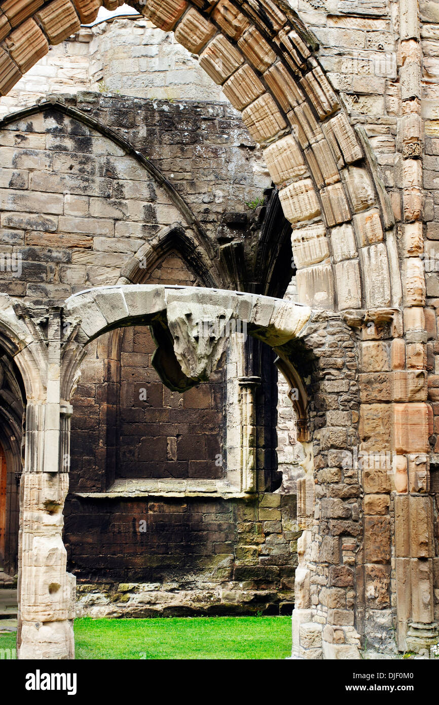 Ruined stone arches within the ruins of the medieval Cathedral at Elgin ...