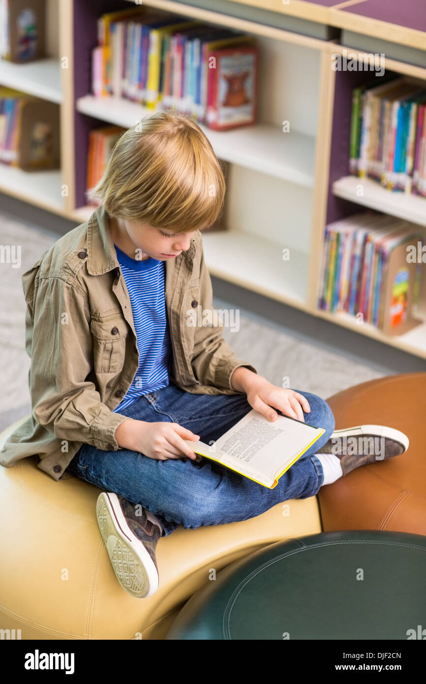 Boy Reading Book In School Library Stock Photo - Alamy