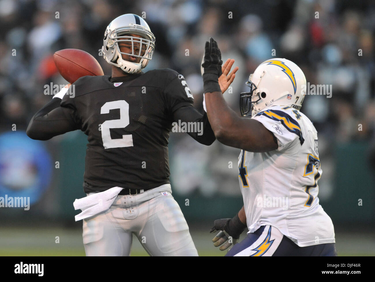 Oakland Raiders' JaMarcus Russell, #2, throws as San Diego Chargers ...