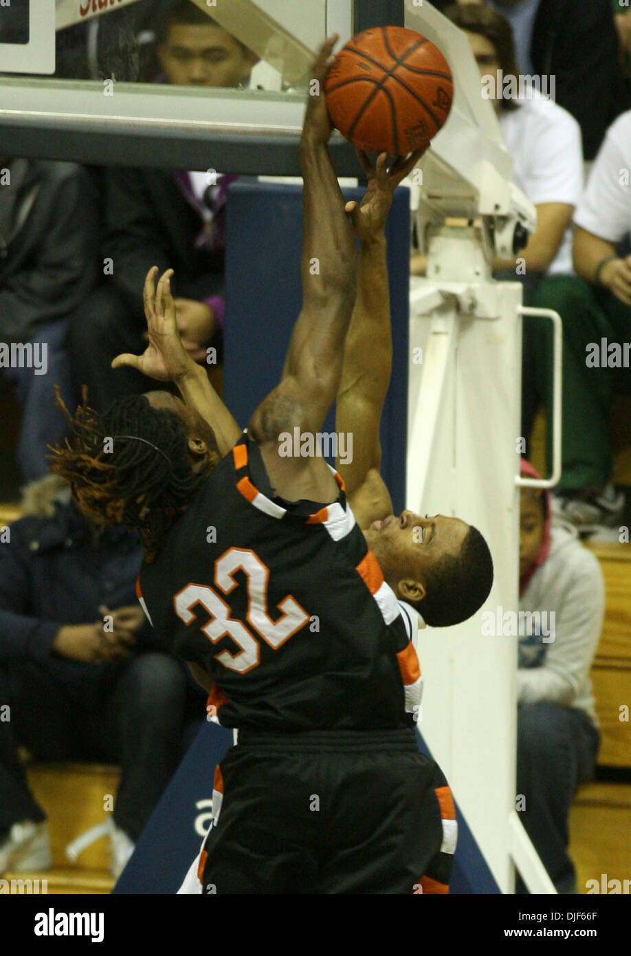 McClymonds High School defender Damon Powell (32) blocks the shot of De ...