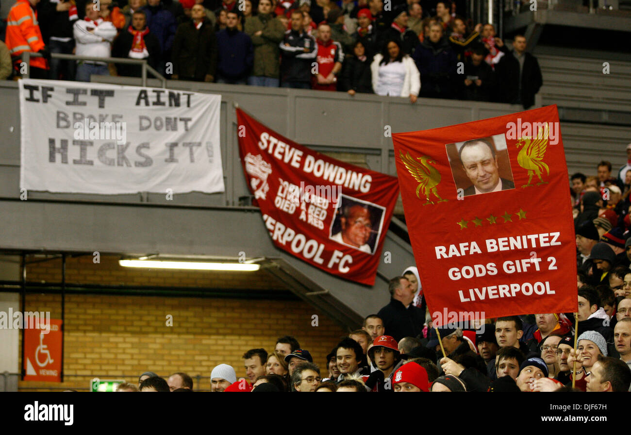 Liverpool fans hold up banners before kick off protesting against the ...