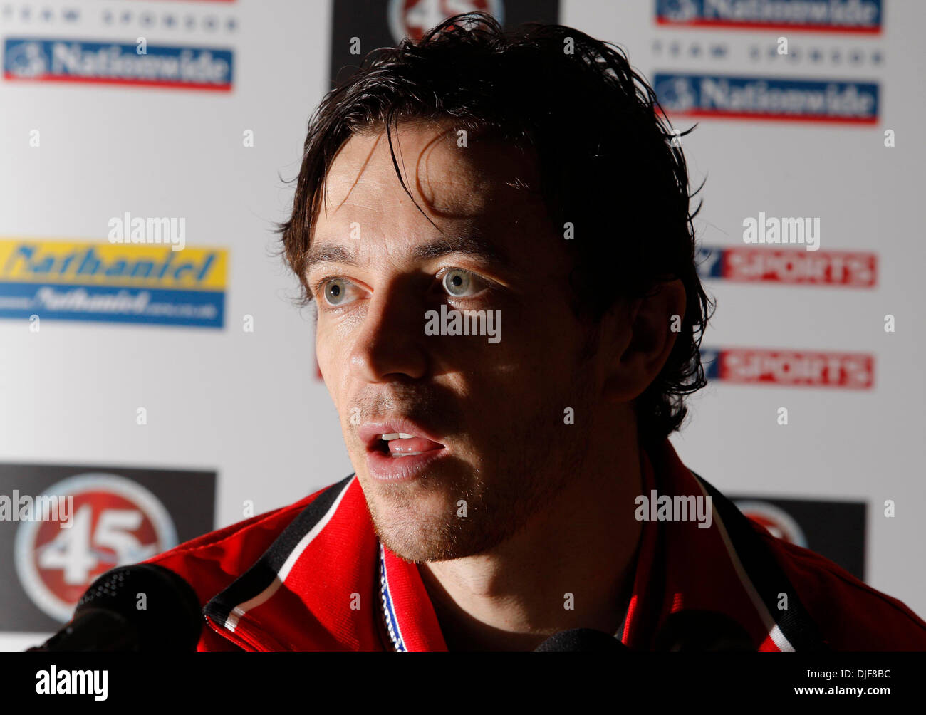 Wales captain Simon Davies talks at the press conference before the ...