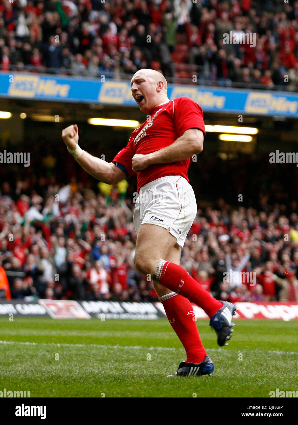 Tom Shanklin of Wales celebrates scoring a try on his 50th cap (Credit ...