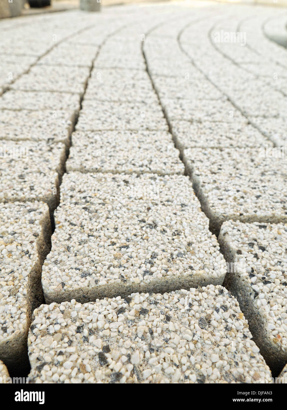 Pavement path laid from light creme concrete pavement blocks with ...