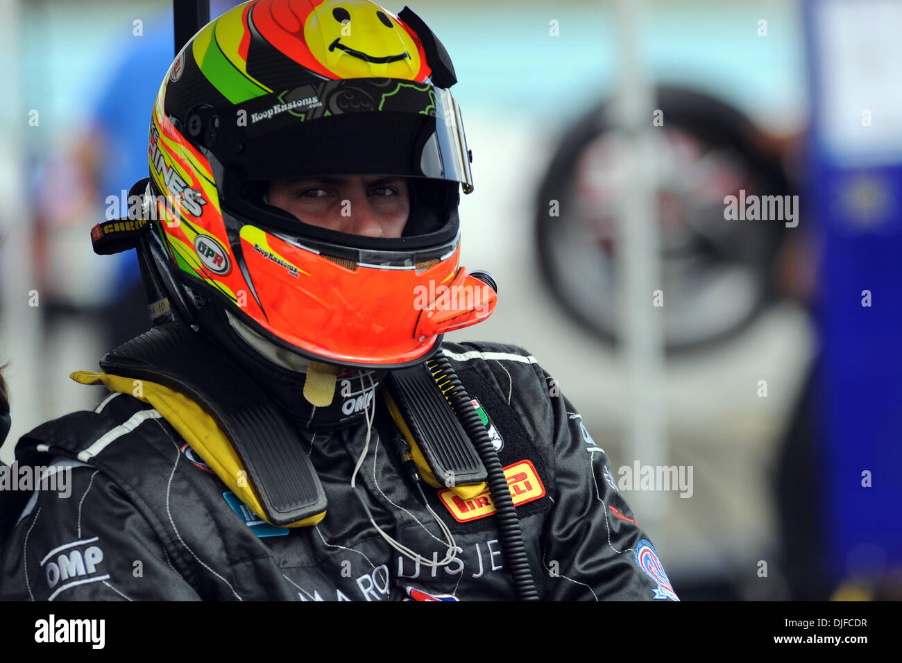 Driver Luke Hines of London, England waits for his turn to practice the ...
