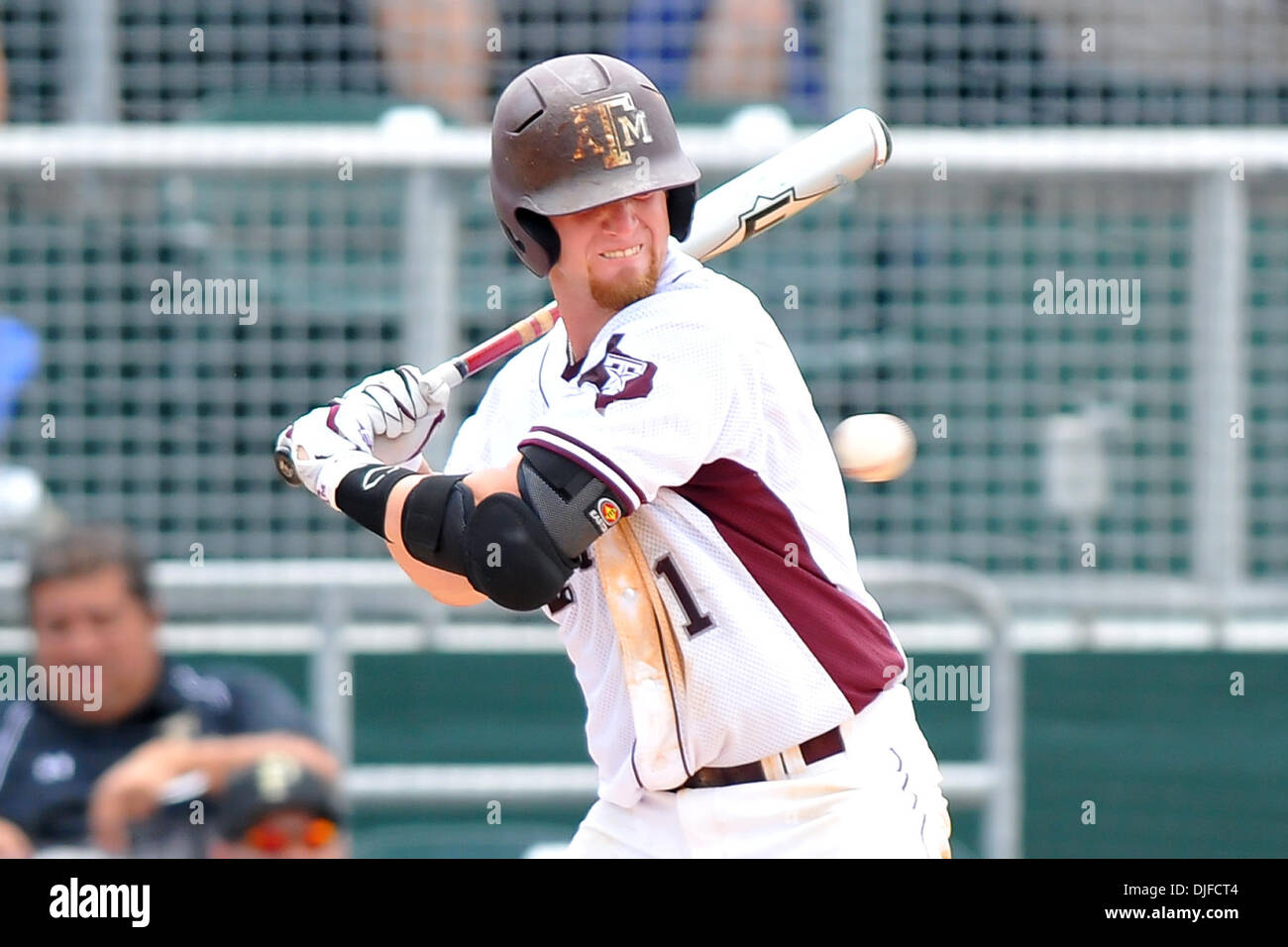 Texas A & M Aggies INF Caleb Shofner (1) gets hit by a pitch..The Texas ...