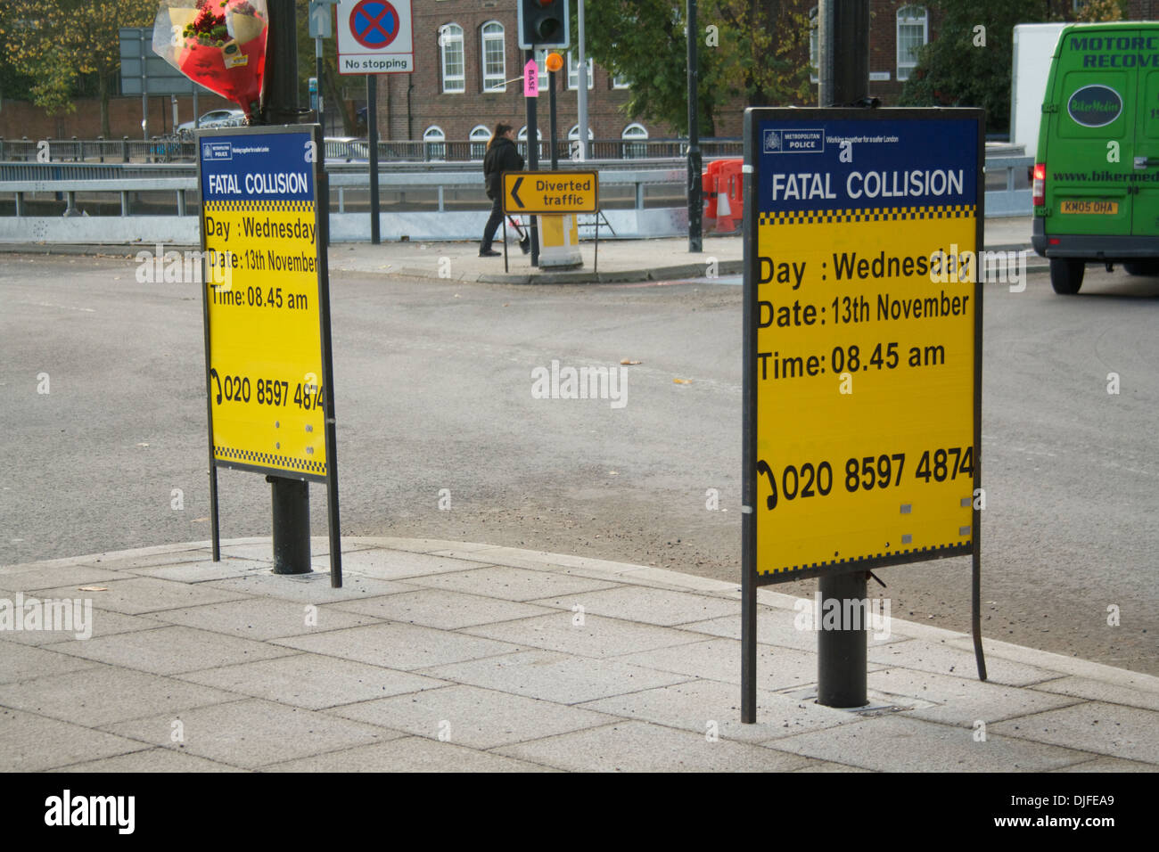 Police Fatal Collision signs at Bow flyover, London Stock Photo - Alamy