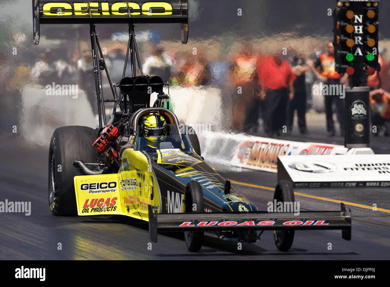 Morgan Lucas heads down the track in his Geico Powersports / Lucas Oil ...