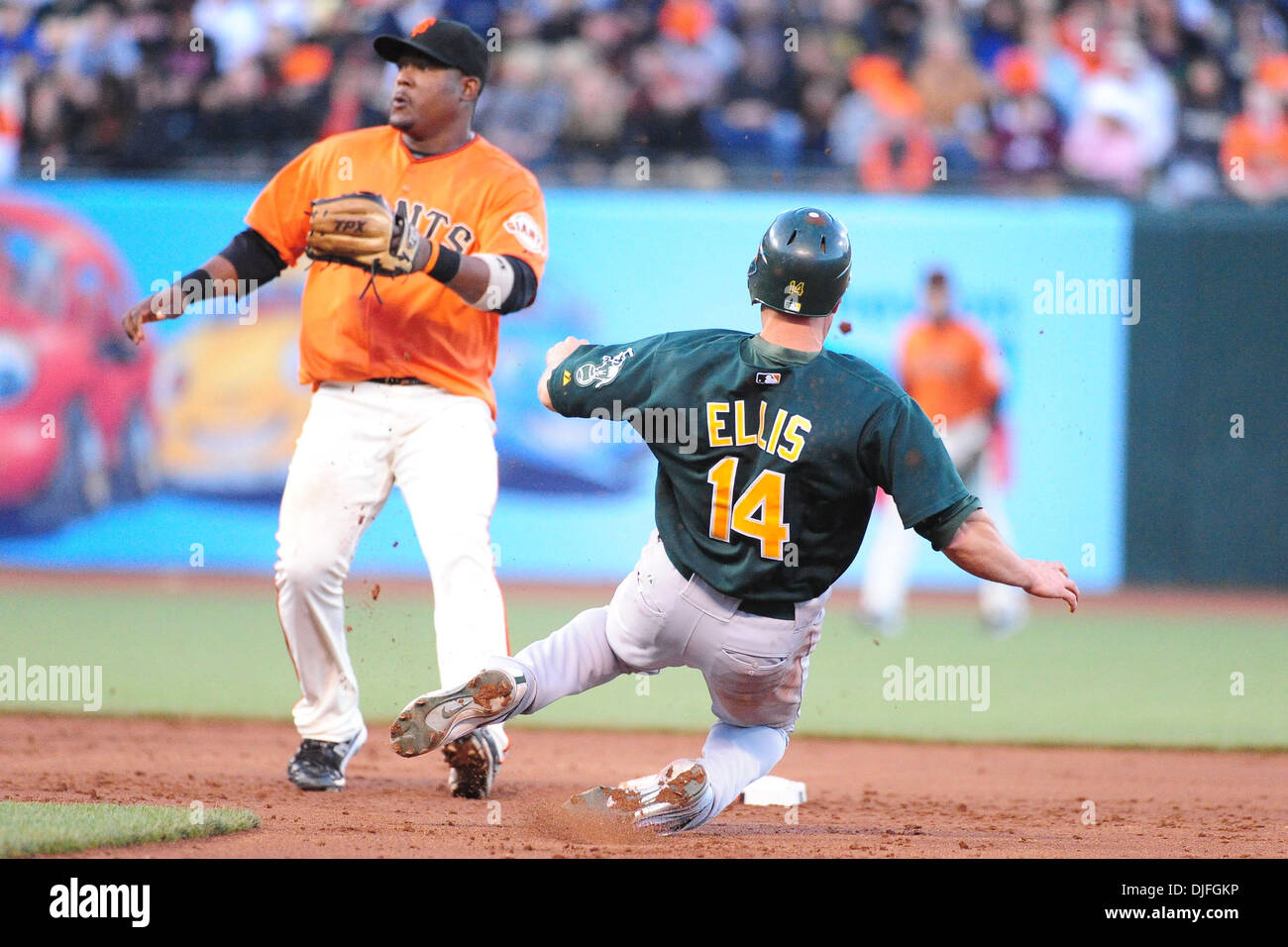 San Francisco, CA: Mark Ellis (14) steals second base for the Oakland ...