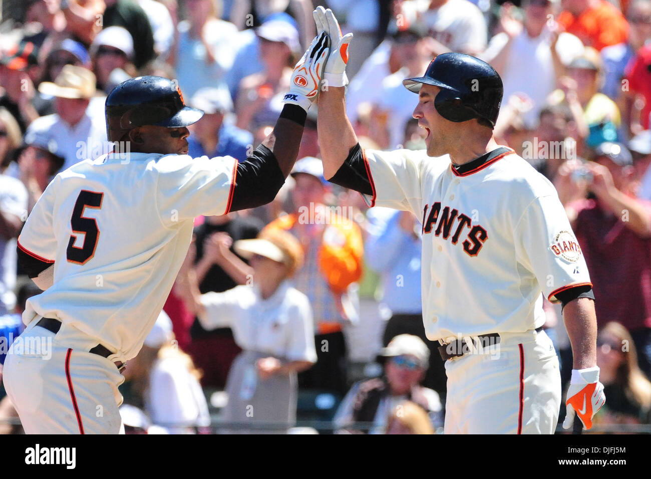San Francisco, CA: San Francisco Giants Pat Burrell (9) congratulates ...