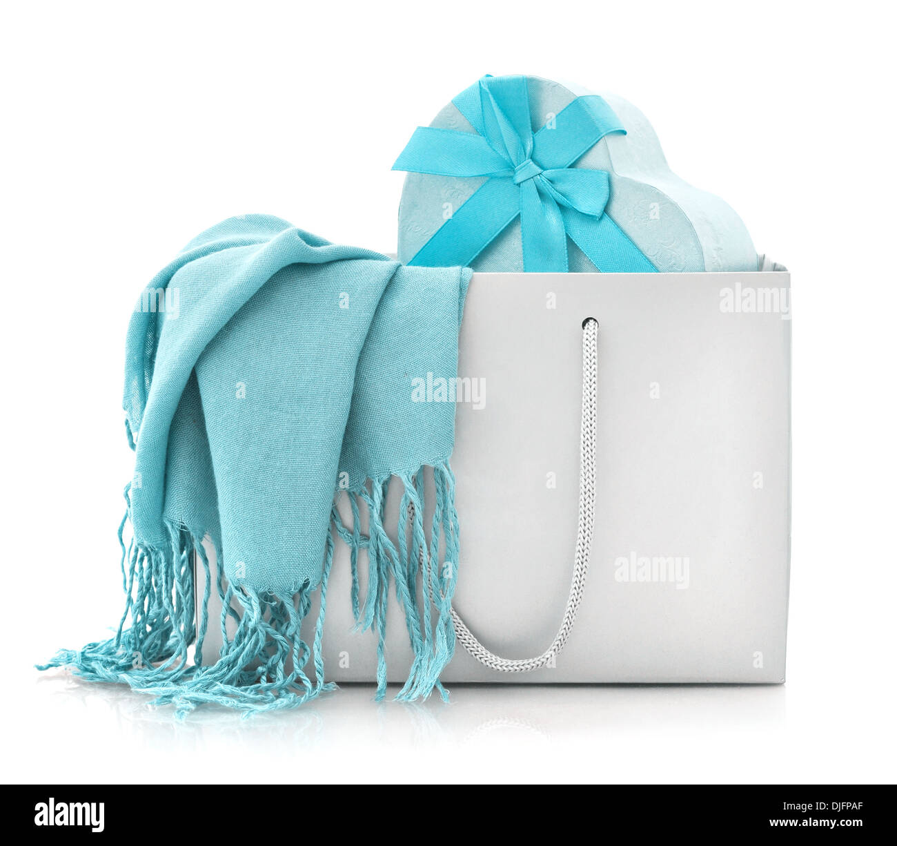 Blue scarf in shopping bag with gift box isolated on a white background ...