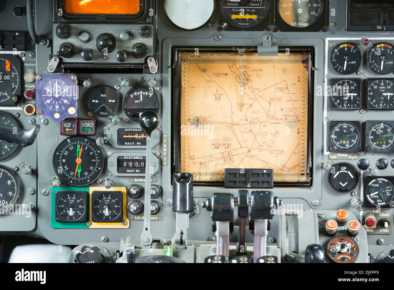 The control deck in the cabin of an old Trident airplane at Manchester ...