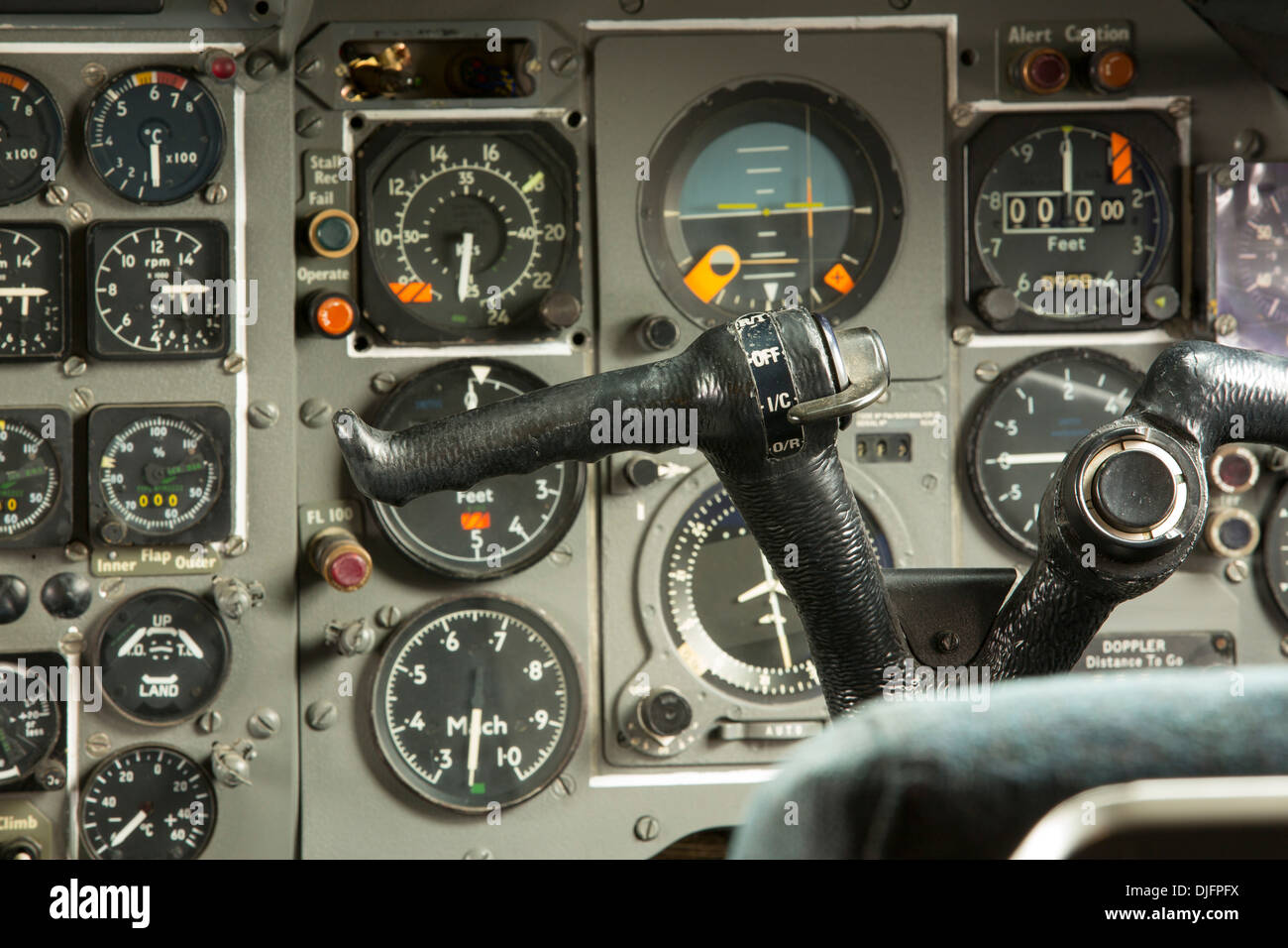 The control deck in the cabin of an old Trident airplane at Manchester ...
