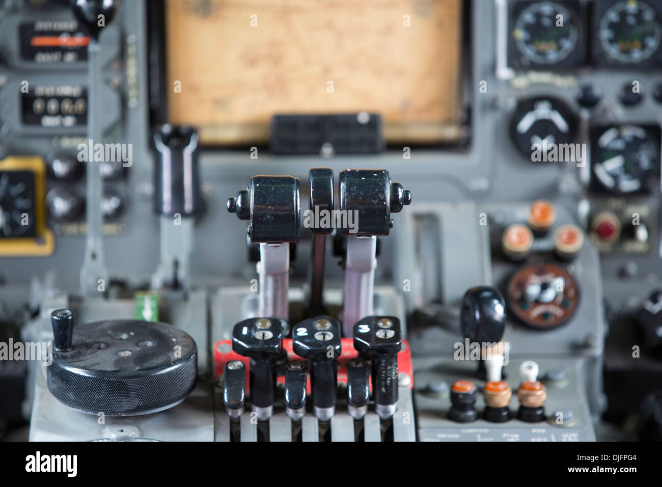 The control deck in the cabin of an old Trident airplane at Manchester ...